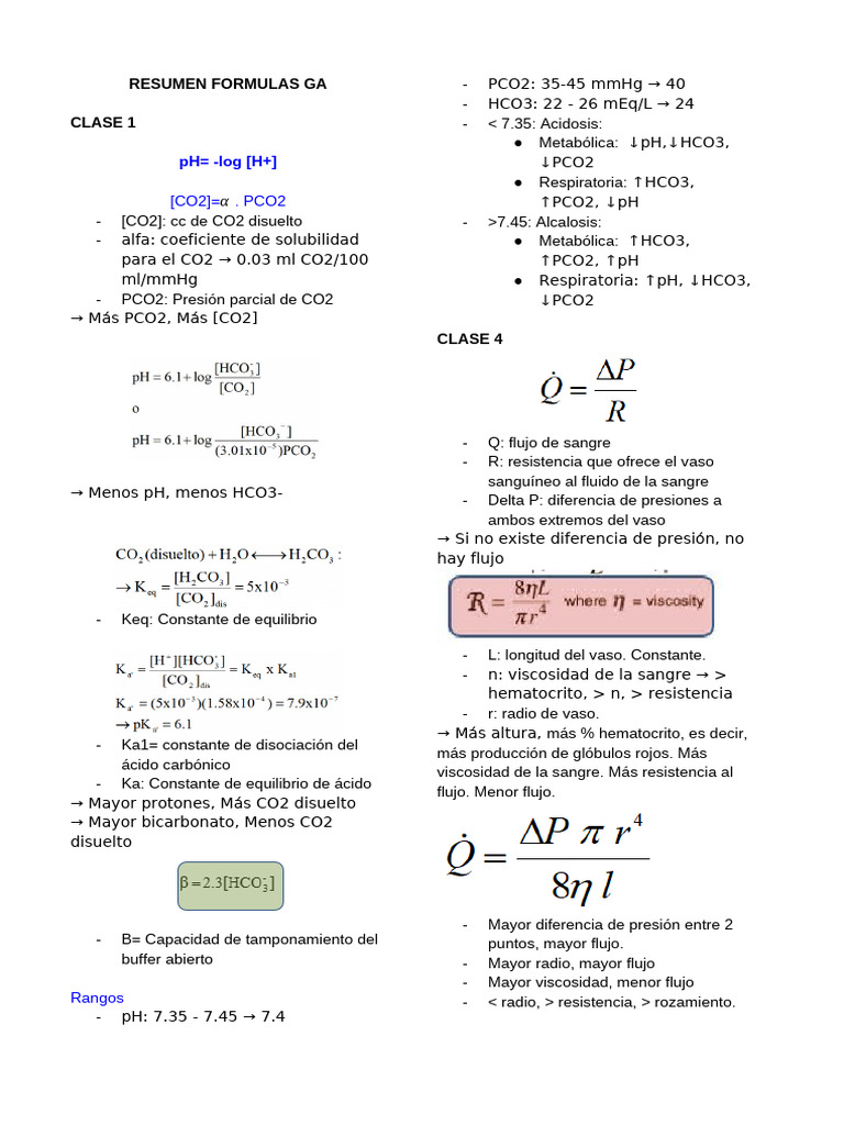 RESUMEN FORMULAS | PDF | Difusión | Vena