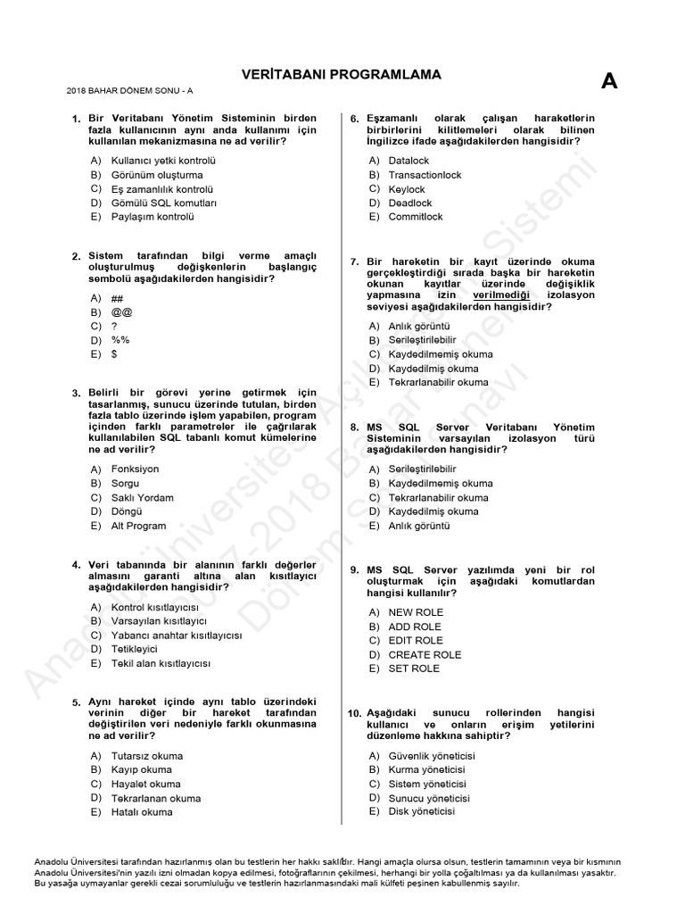 Veri Tabanı Programlama - 2018 BAHAR DÖNEM SONU | PDF