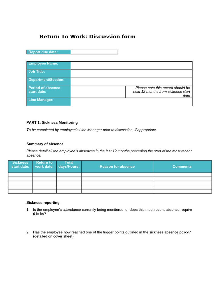 Return To Work Discussion Form Template | PDF | Employment