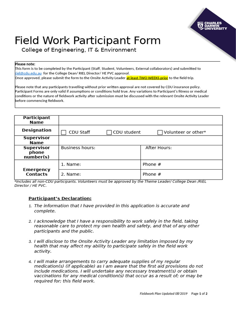 Fieldwork Participant Form | PDF