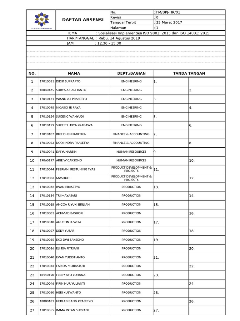 Absensi - Sosialisasi ISO 14 Agustus 2019 | PDF | International ...