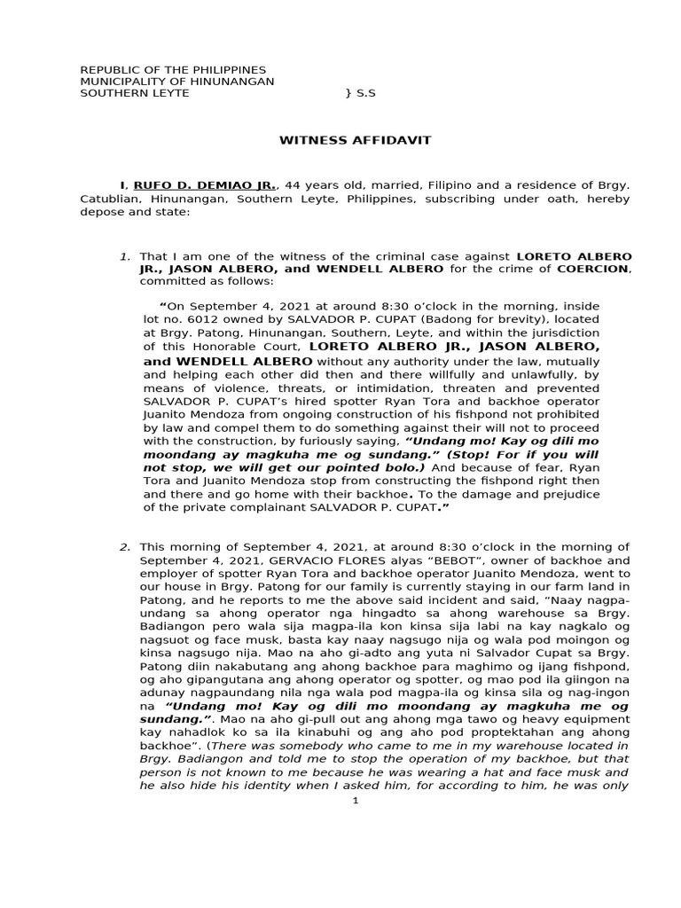 Affidavit of Rufo Demiao | PDF | Affidavit | Legal Procedure