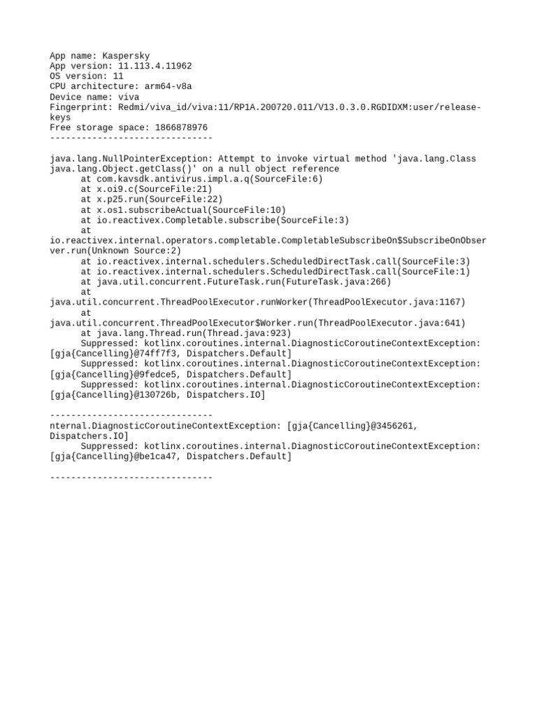 Kaspersky App Error: NullPointerException | PDF