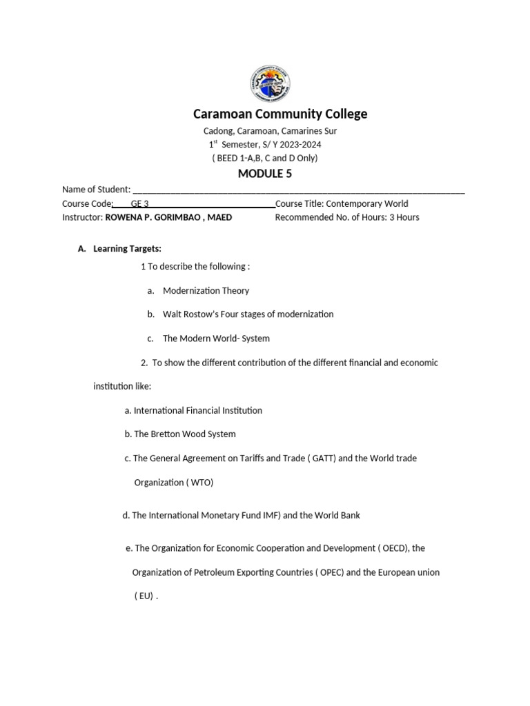 GE3 Contemporary World Module 5 | PDF | Capitalism | Socialism