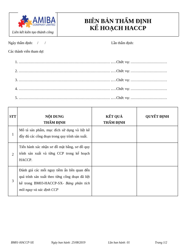 BM01-HACCP-SX- Biên bản thẩm định HACCP | PDF