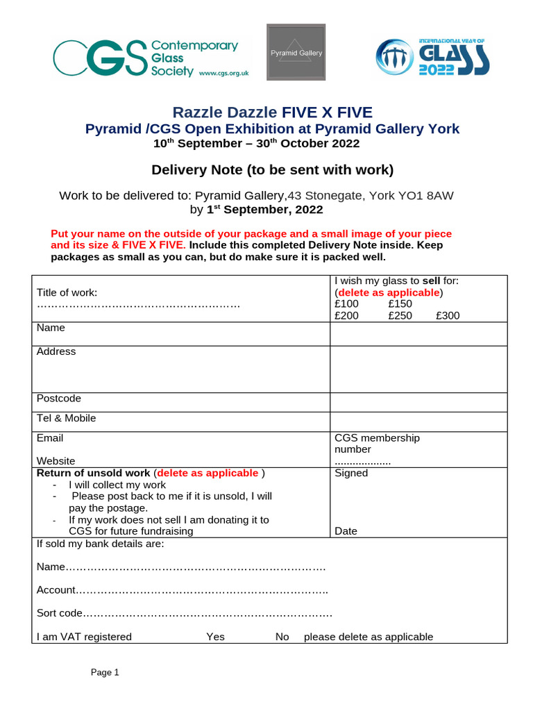 CGS at Pyramid Gallery Razzle Dazzle Delivery Note | PDF