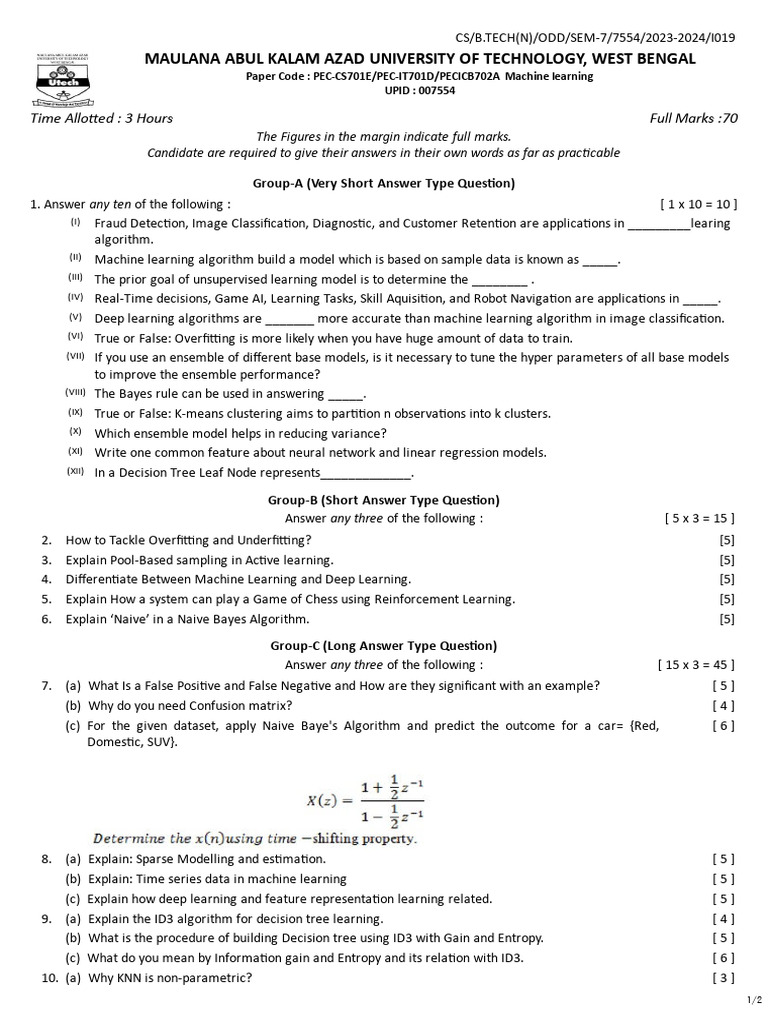 Btech Cse 7 Sem Machine Learning Pec Cs701e 2024 | PDF | Machine ...