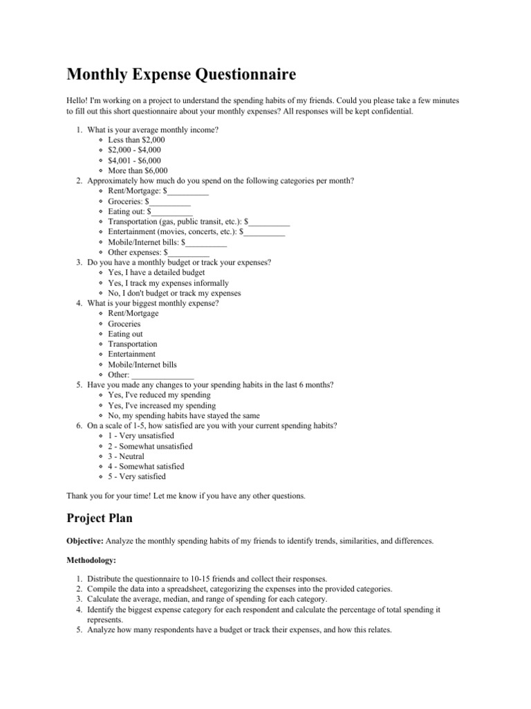 Monthly Expense Questionnaire | PDF