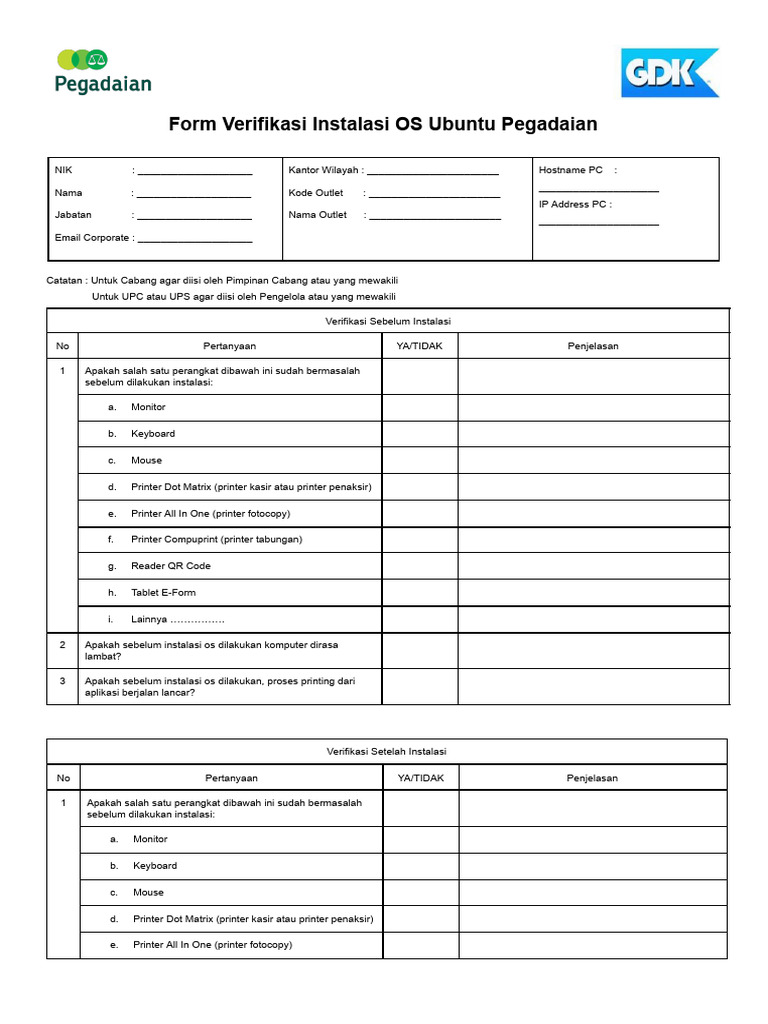 Form Verifikasi Instalasi OS Ubuntu Pegadaian | PDF
