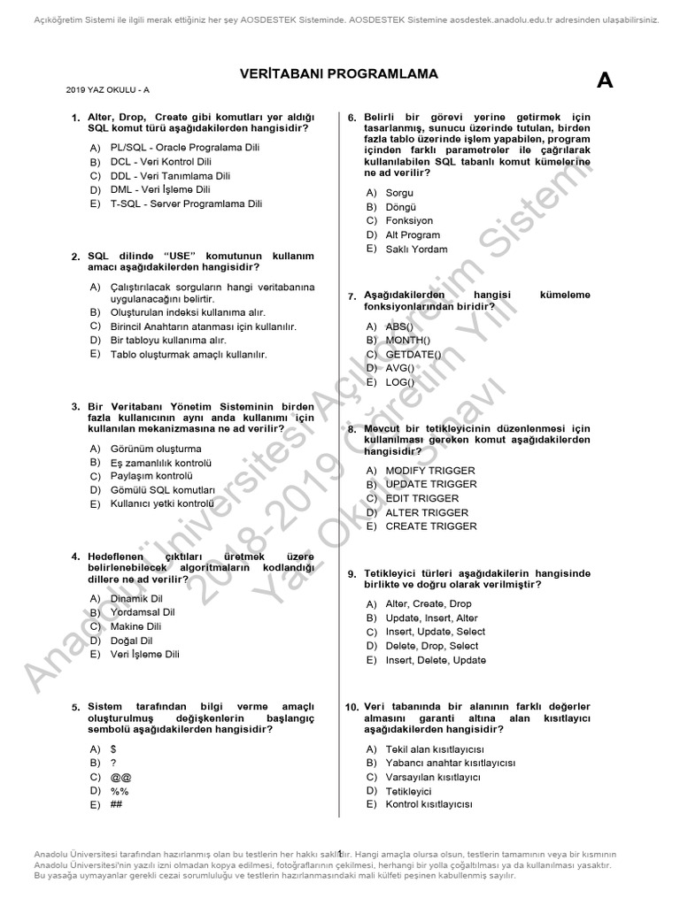veri tabanı programlama_2019 YAZ OKULU | PDF