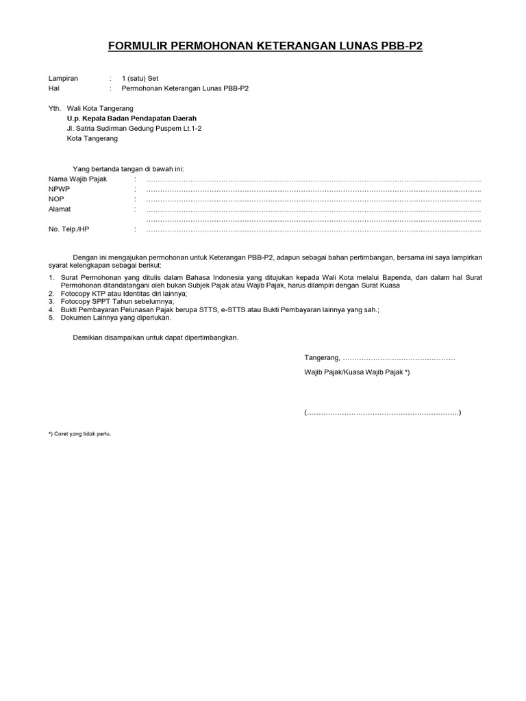 Formulir Permohonan Keterangan Lunas Pbb-p2 | PDF