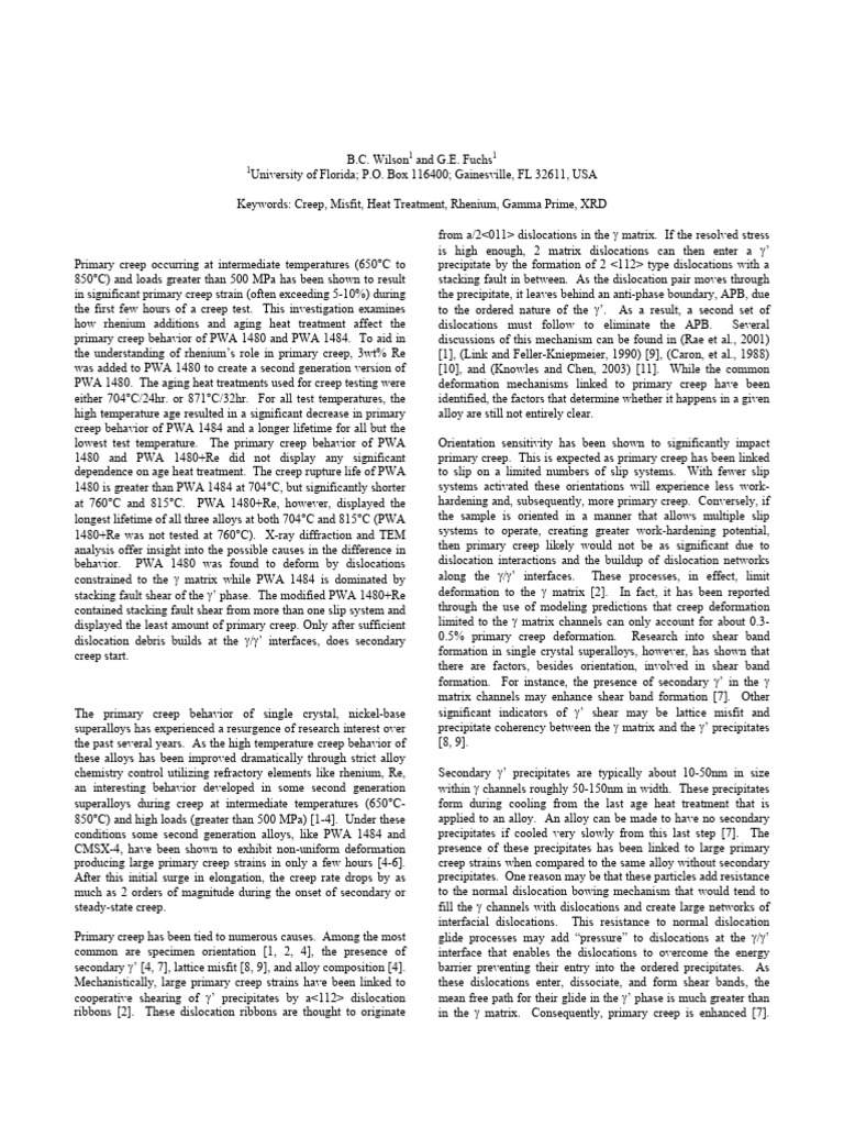 The Effect of Composition, Misfit, and Heat Treatment On The Primary Creep Behavior of Single ...