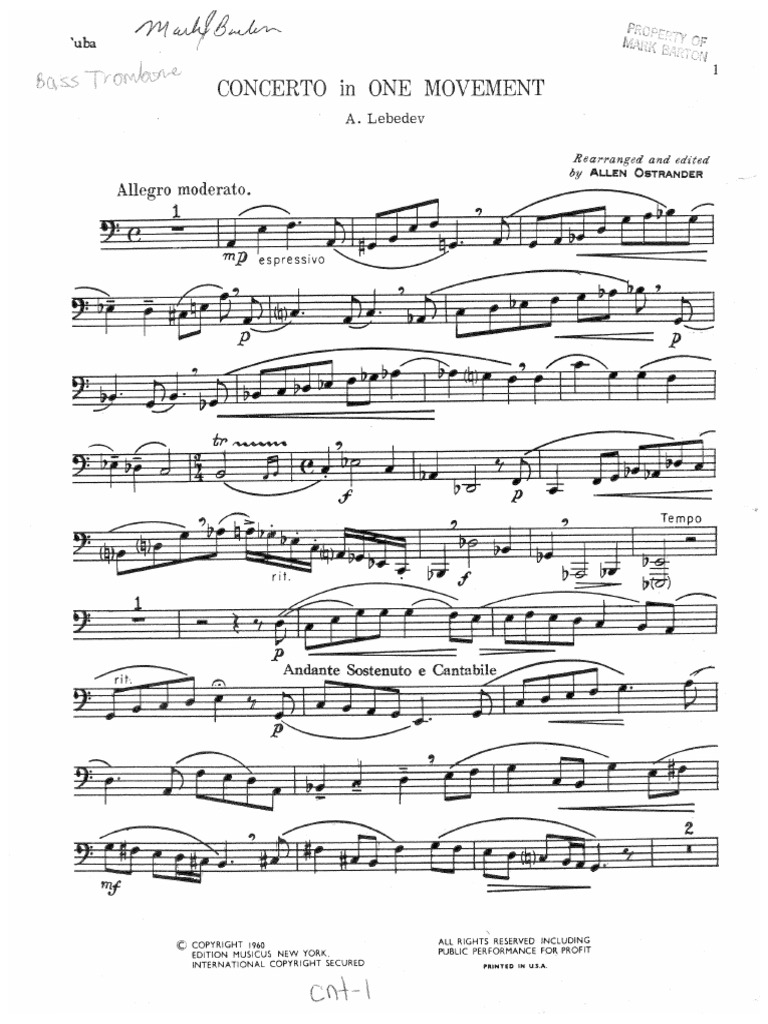 Concerto in One Movement for Bass Trombone by Lebedev | PDF