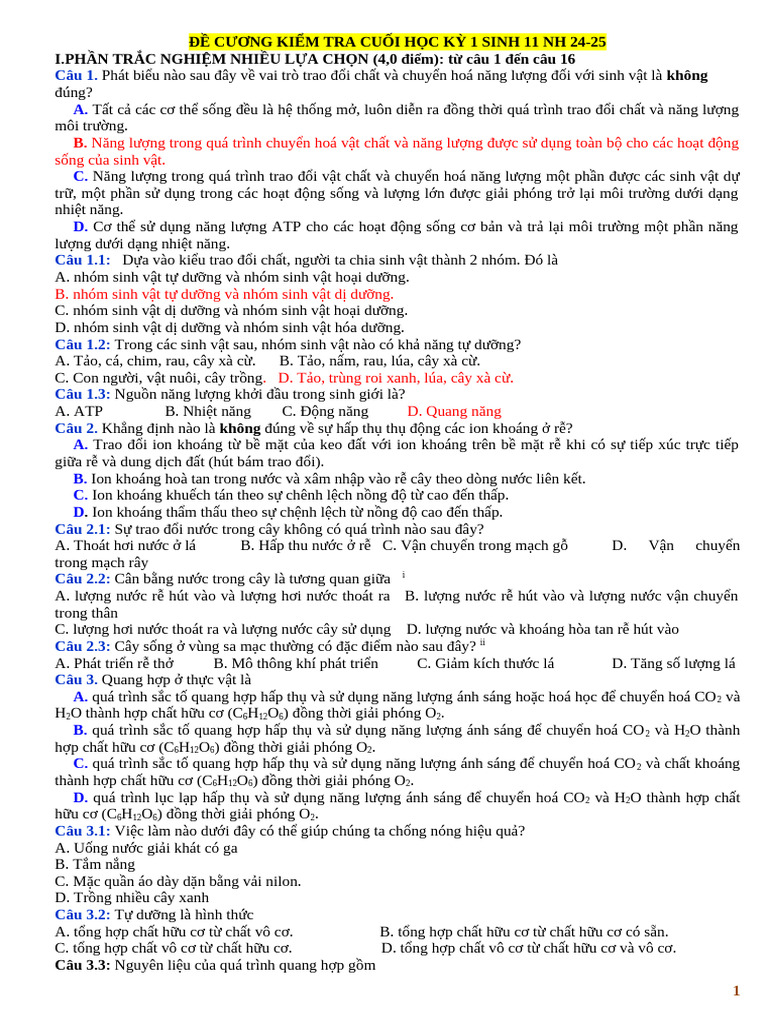 De Cuong On Tap HK1 Sinh 11 Canh Dieu 24 25 | PDF