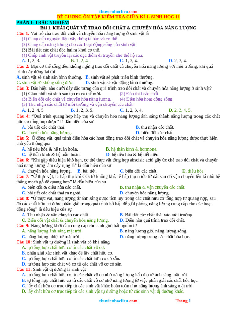 Thuvienhoclieu.com de Cuong on Tap Sinh 11 Giua HK1 Hay | PDF