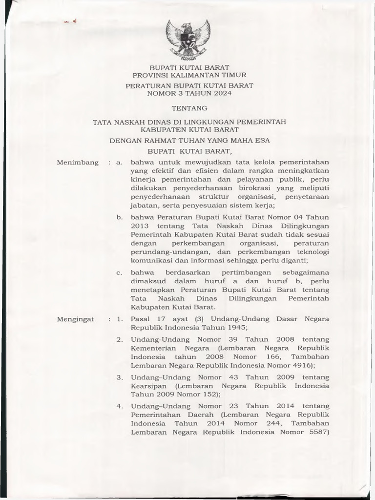 No.3 Tahun 2024 TTG Tata Naskah Dinas Dilingkungan Pemerintah Kabupaten Kutai Barat | PDF