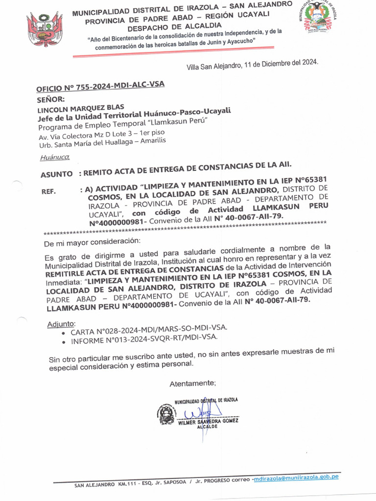 Oficio N°755 Acta de Entrega de Constacia | PDF