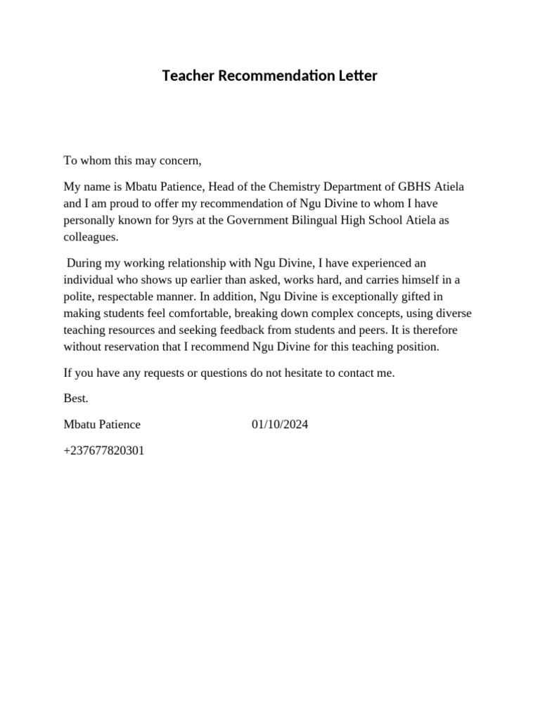 Teacher Recommendation Letter 3 | PDF