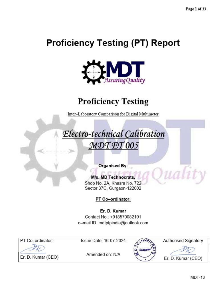 Digital Multimeter PT Report MDT ET 005 | PDF | Calibration | Frequency