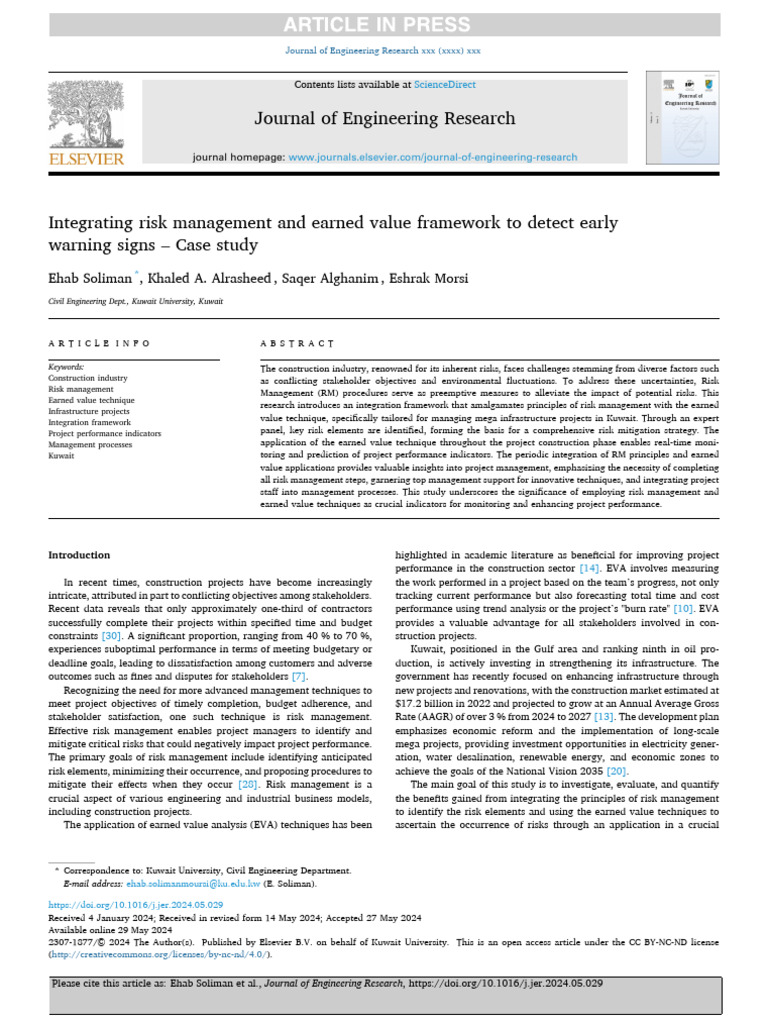 Integrating risk management and earned value framework to detect early ...