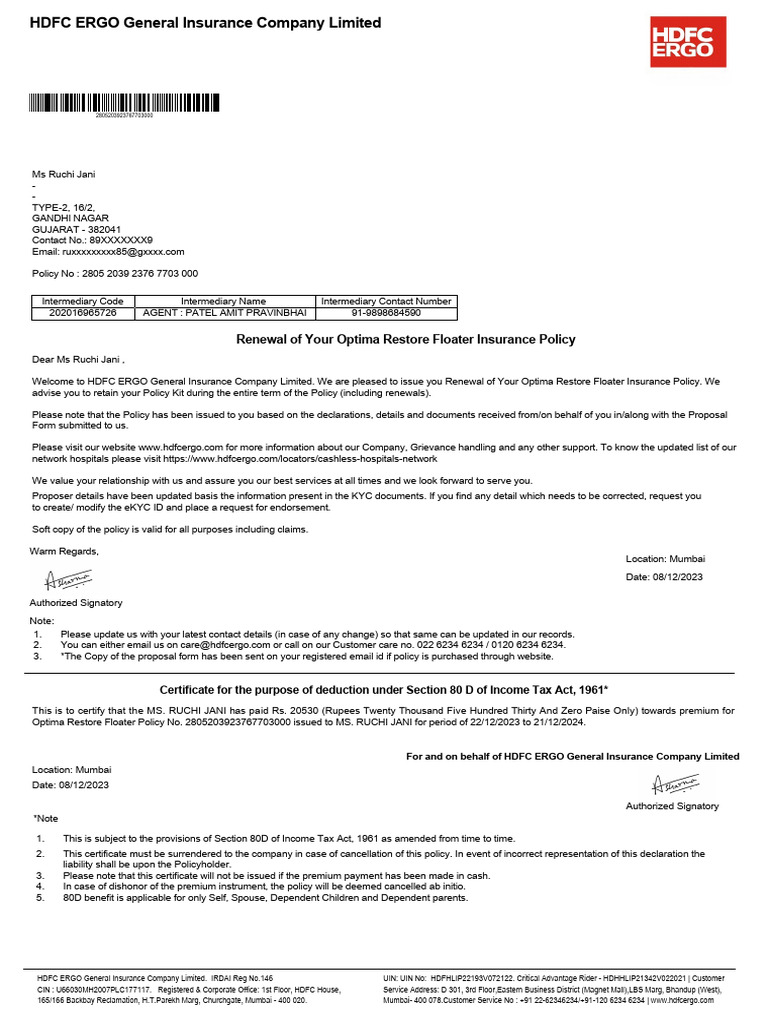 HDFC ERGO Optima Restore Policy Renewal | PDF | Insurance | Financial ...