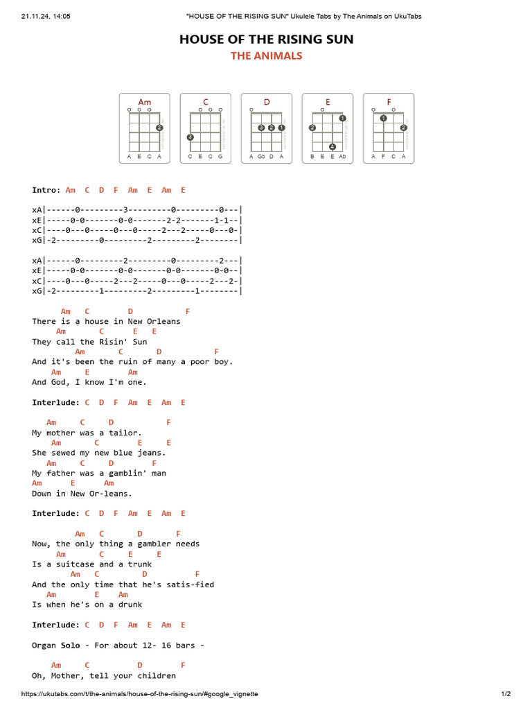 HOUSE OF THE RISING SUN - Ukulele Tabs by The Animals On UkuTabs | PDF