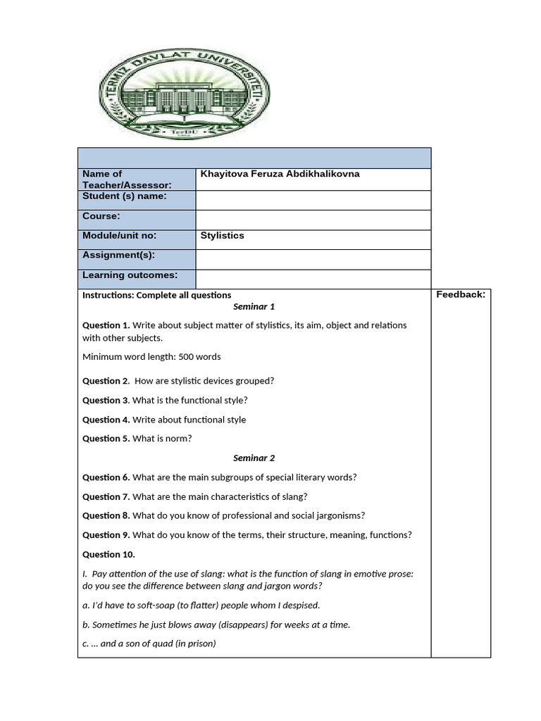 Module 1. Stylistics Tasks | PDF | Metaphor | Slang