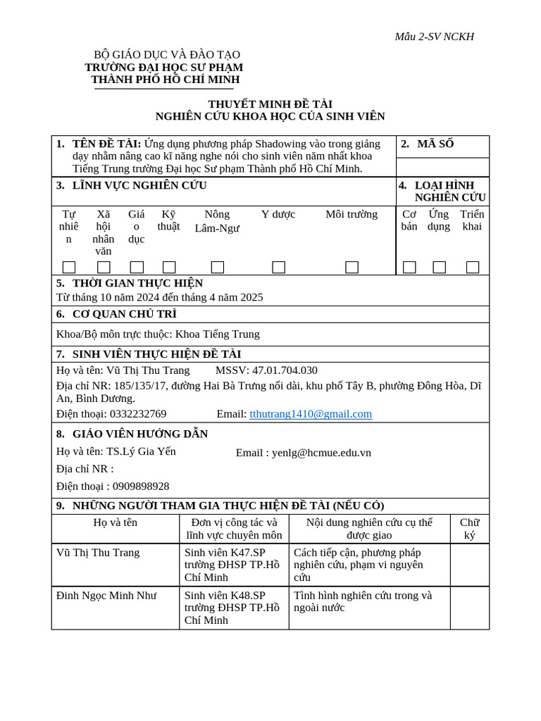 Mẫu 2_SV NCKH 2024 (1) | PDF