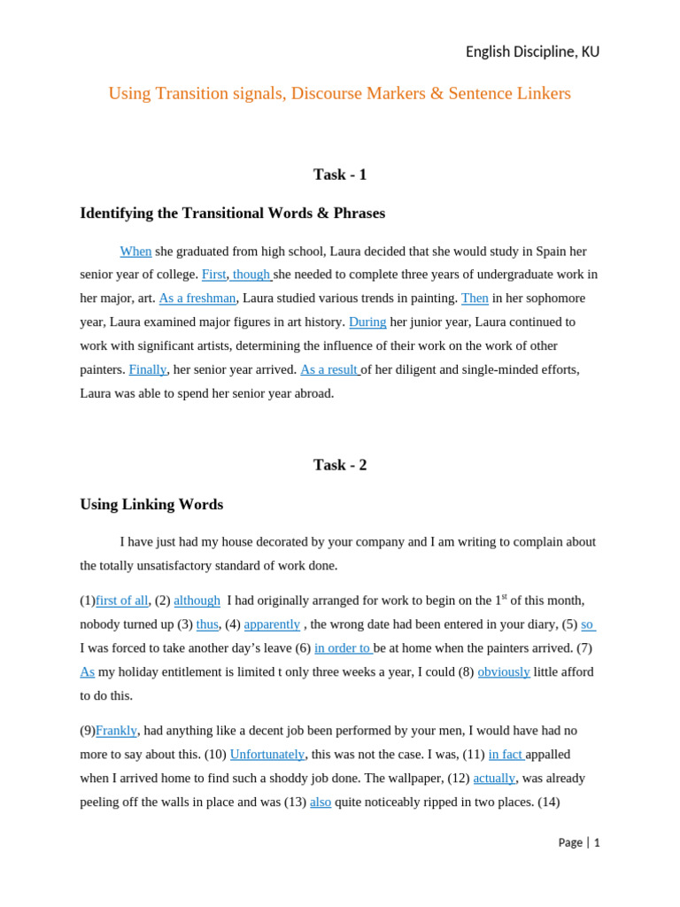 Using Transition Signals, Discourse Markers & Sentence Linkers | PDF | Hearing Aid | Ear