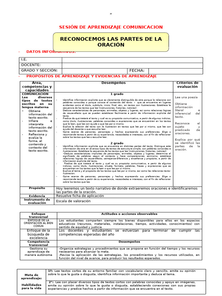 u8 s3 Sesion d1 Com Reconocemos Las Partes de La Oracion 1 | PDF ...