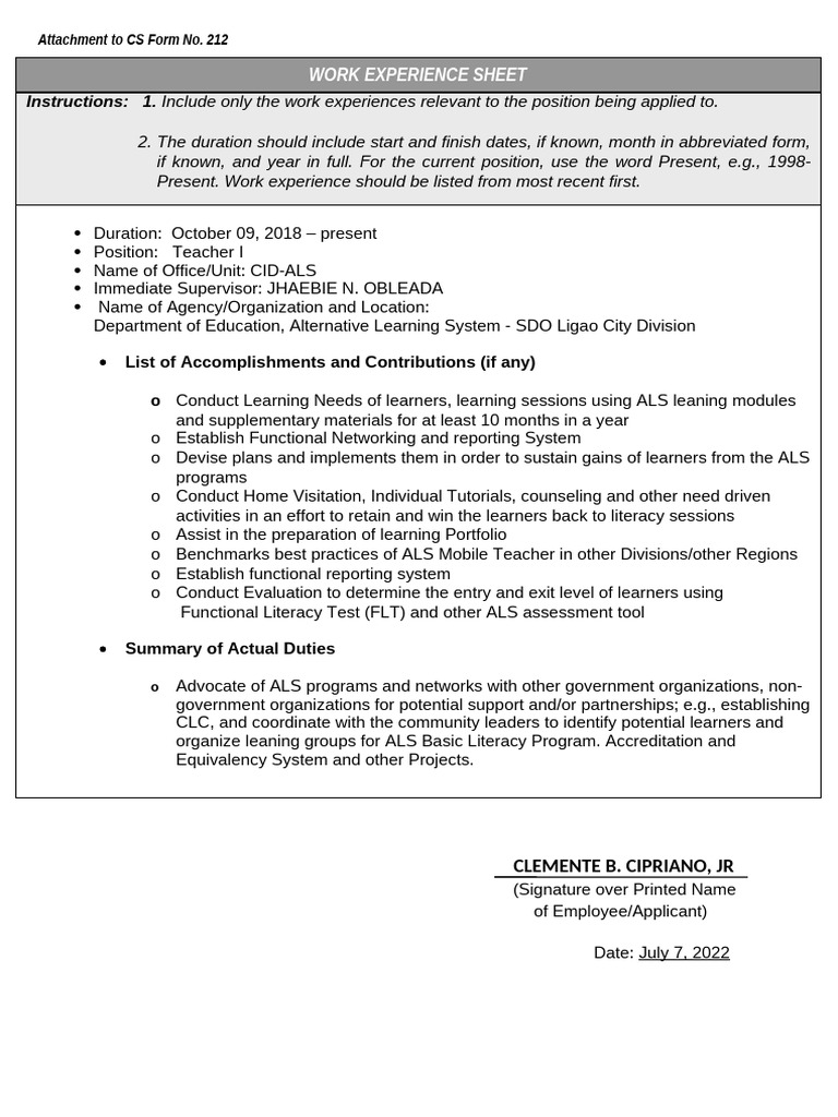 CS Form No. 212 Attachment Work Experience Sheet 2 Repaired | PDF ...