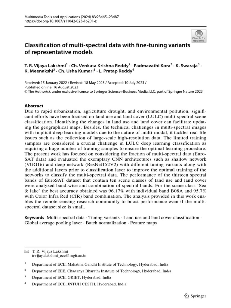 Classification Of Multi Spectral Data With Fine Tuning Variants Of Representative Models Pdf 