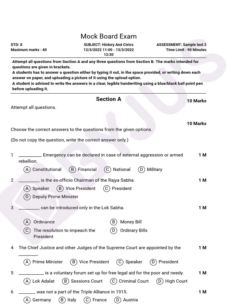 ICSE Class 10 History Civics Sample Mock Paper Term 2 Exam 2021 22 ...