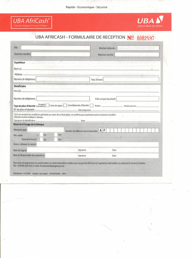 UBA AfriCash Receipt Form | PDF