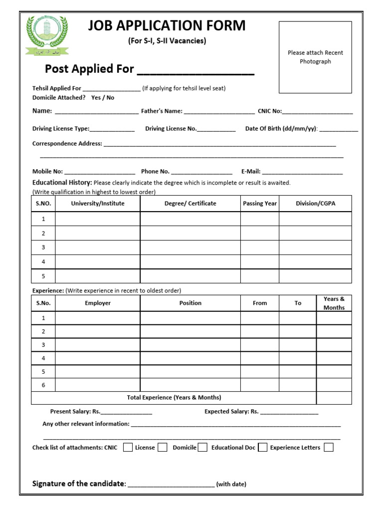 Job Application Form for SI Vacancies | PDF