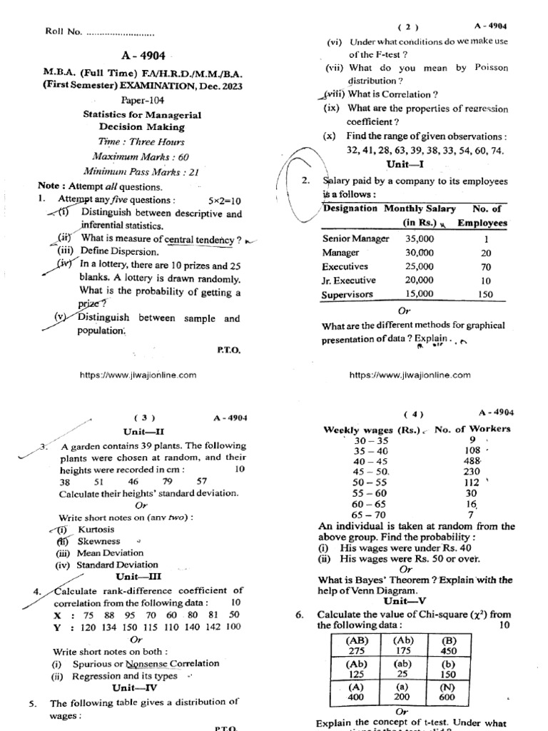 Mba 1 Sem Statistics For Managerial Decison Making A 4904 Dec 2023 | PDF