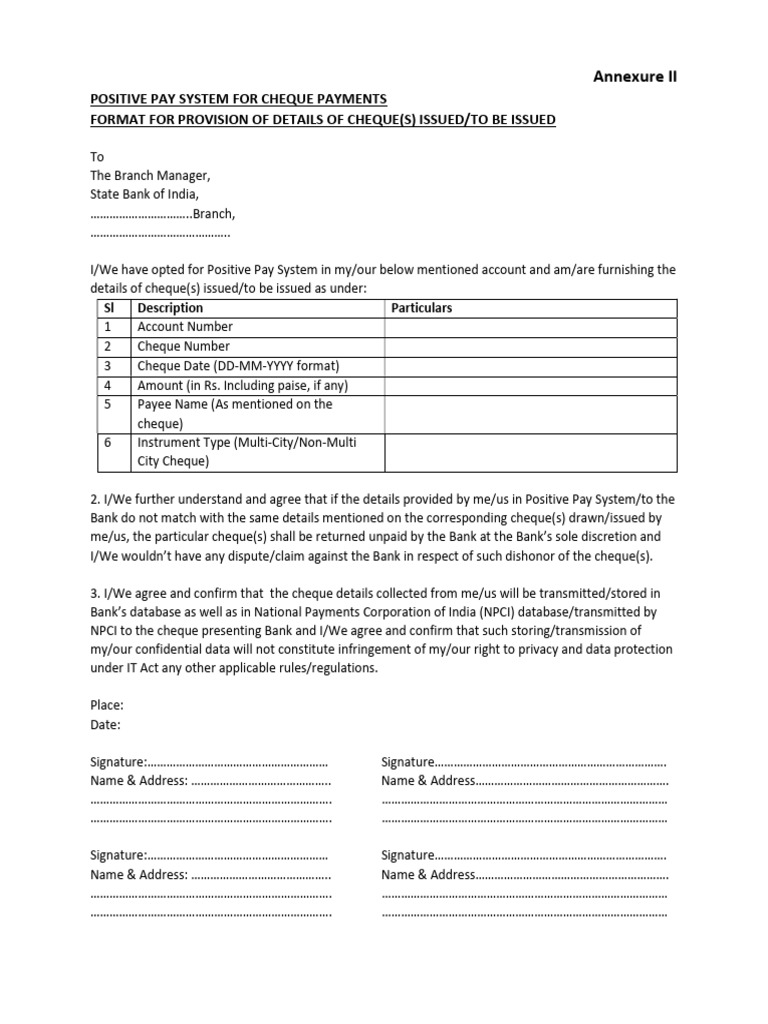 Positive Pay System Cheque Details Form | PDF | Business | Finance ...