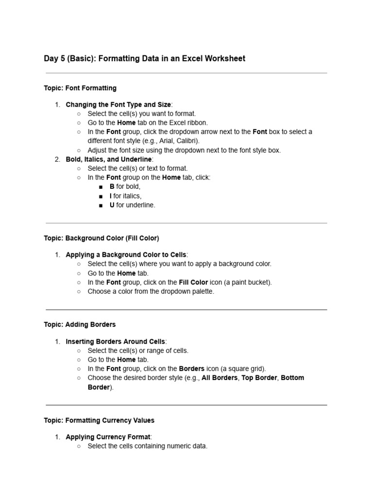 Excel Formatting Basics Guide | PDF | Computing | Typography
