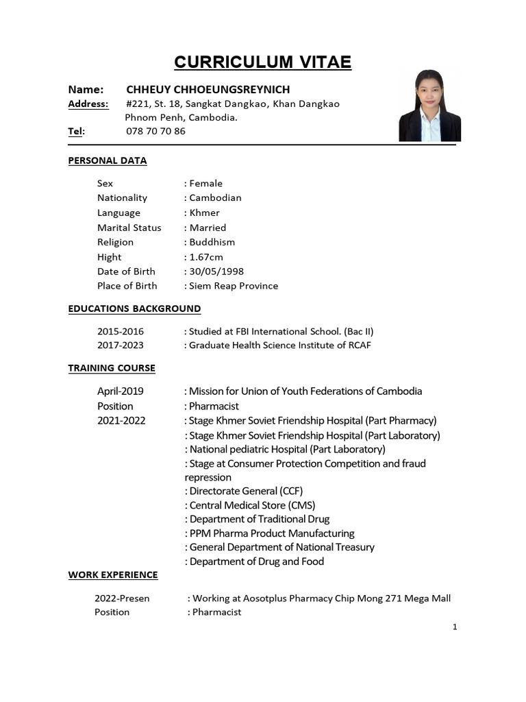 Khmer CV Sample for Pharmacist | PDF