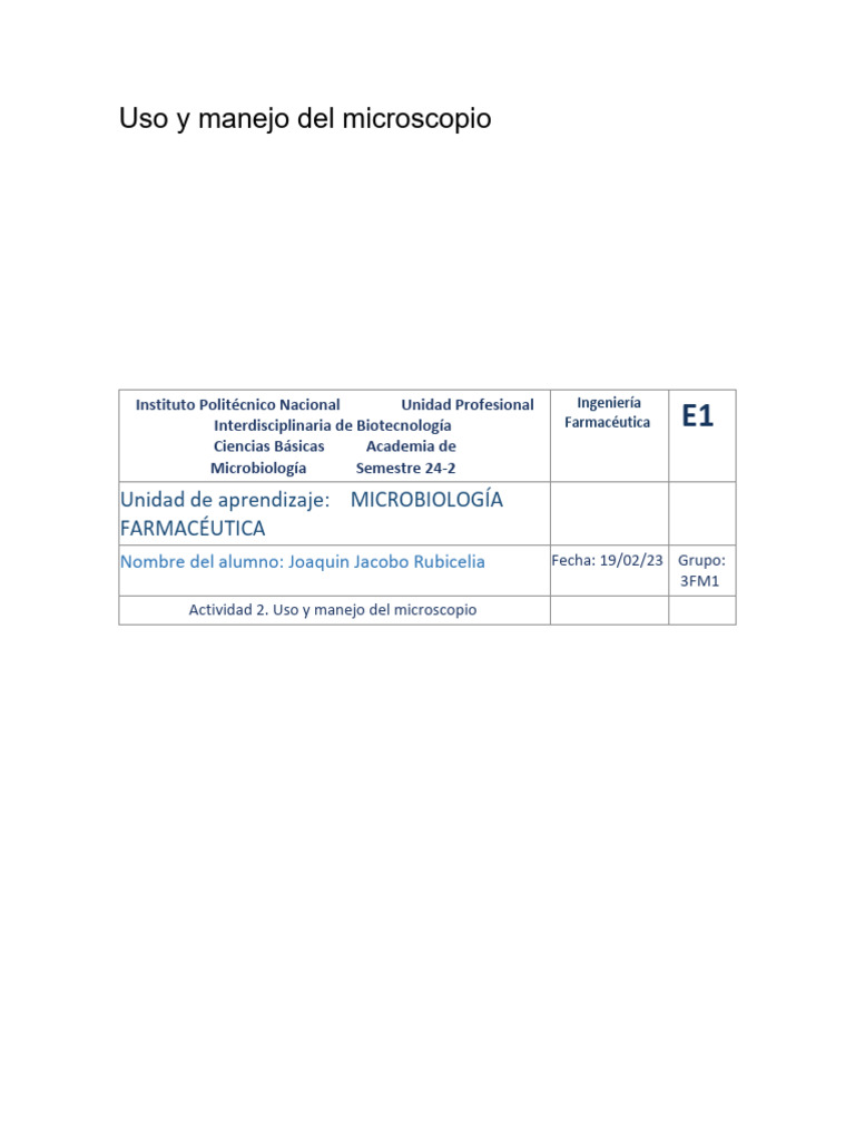 Uso y Manejo Del Microscopio | PDF | Microscopio | Óptica