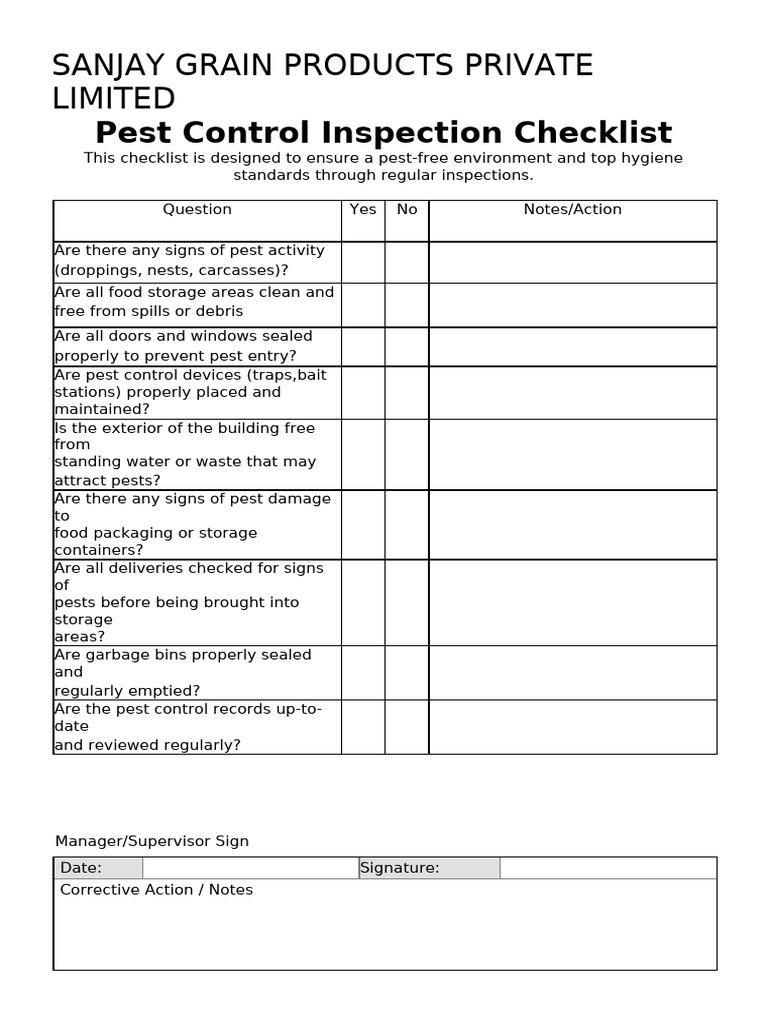 Pest Control Inspection Checklist | PDF