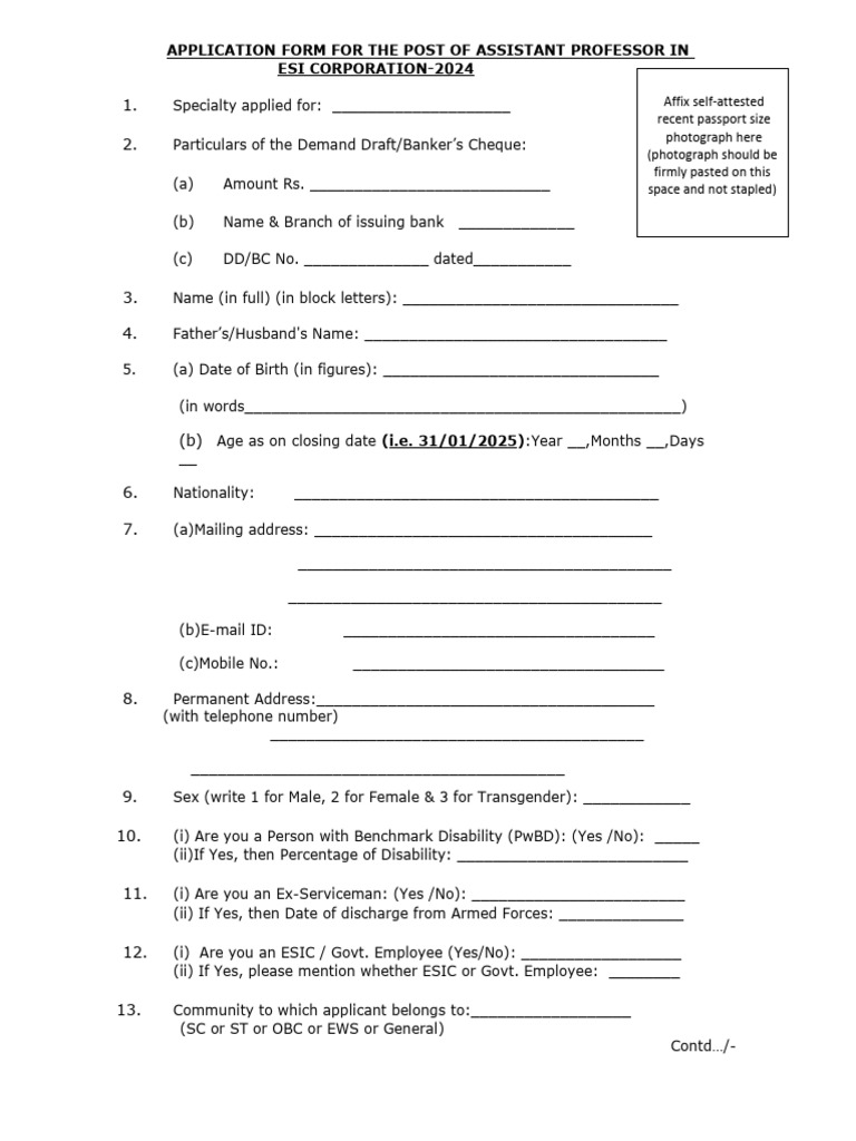 ESIC Assistant Professor Recruitment 2024 Application Form | PDF ...
