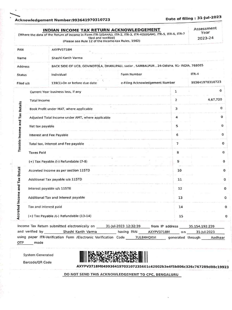 It Return Acknowledgment, MR Varma. | PDF