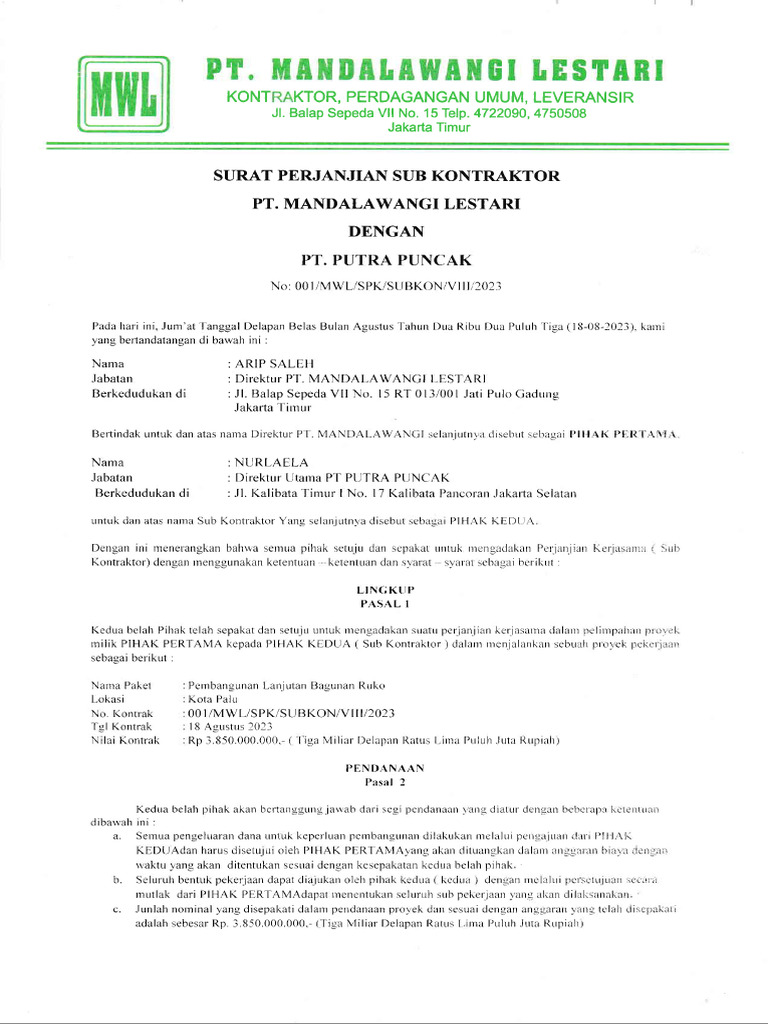 Kontrak MWL PP | PDF
