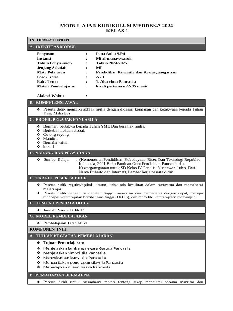 MODUL AJAR PKN Kelas 1 | PDF