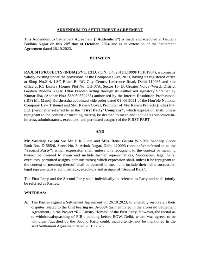 Addendum To Settlement (Indian Bank) 19.10.2024 | PDF | Settlement ...