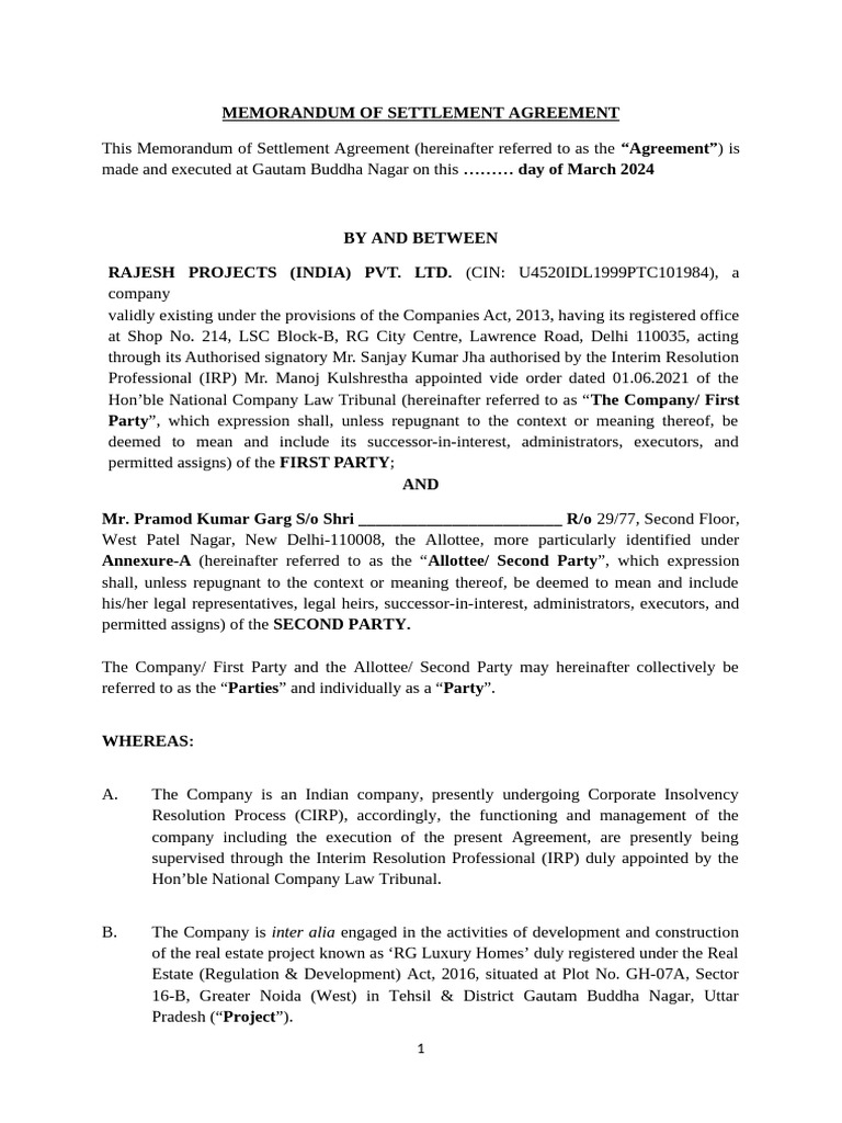 A 702 Settlement Agreement 29.03.2024 (Pramod Garg) | PDF | Mortgages ...
