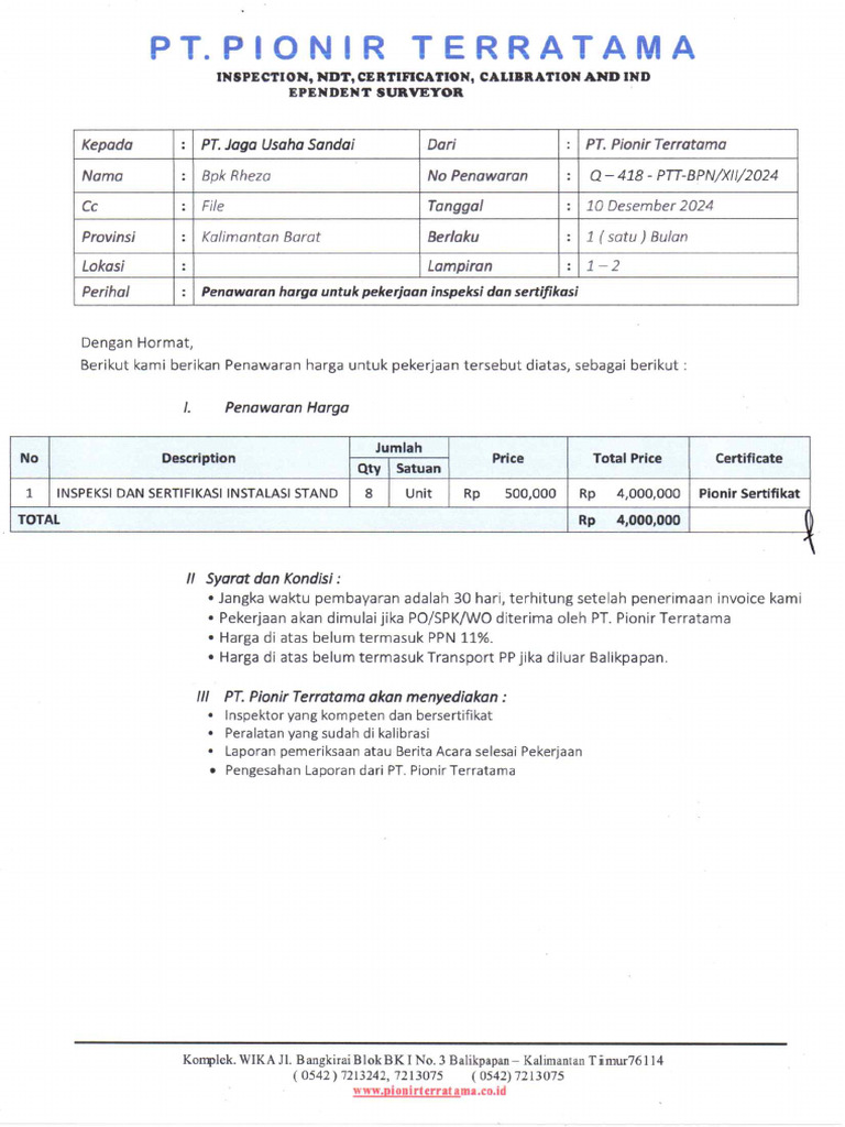 Penawaran PIONIR - PT.JUS Q418 OK | PDF