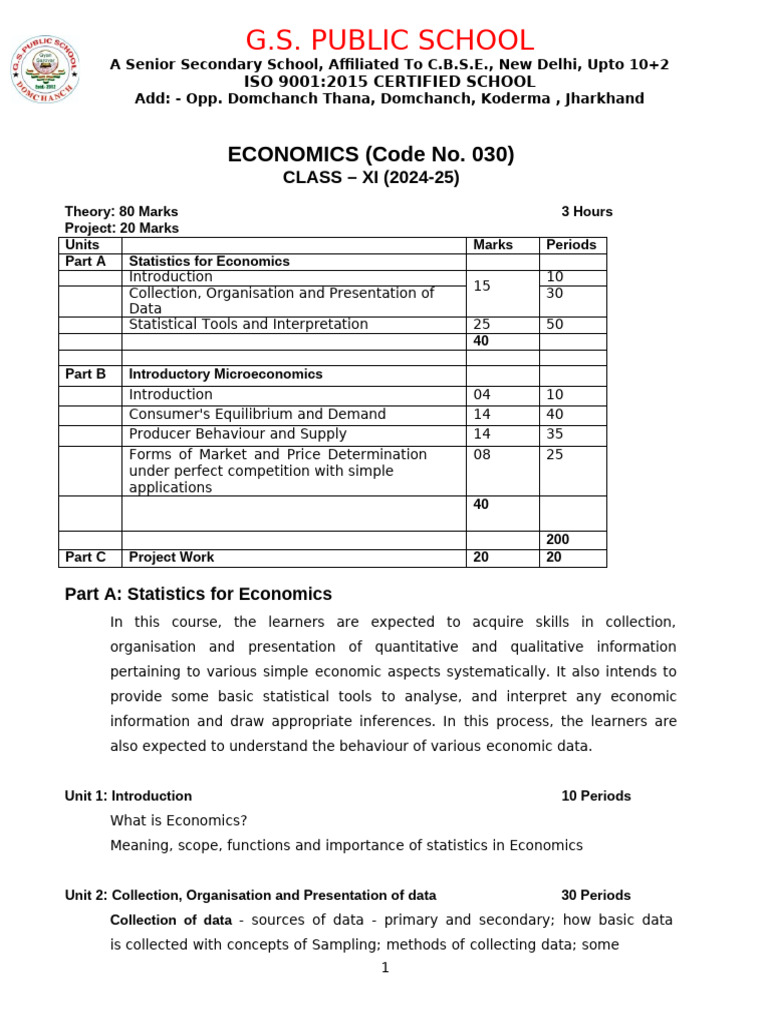 CBSE Class 11 Economics Syllabus 2024 25 | PDF | Supply (Economics ...