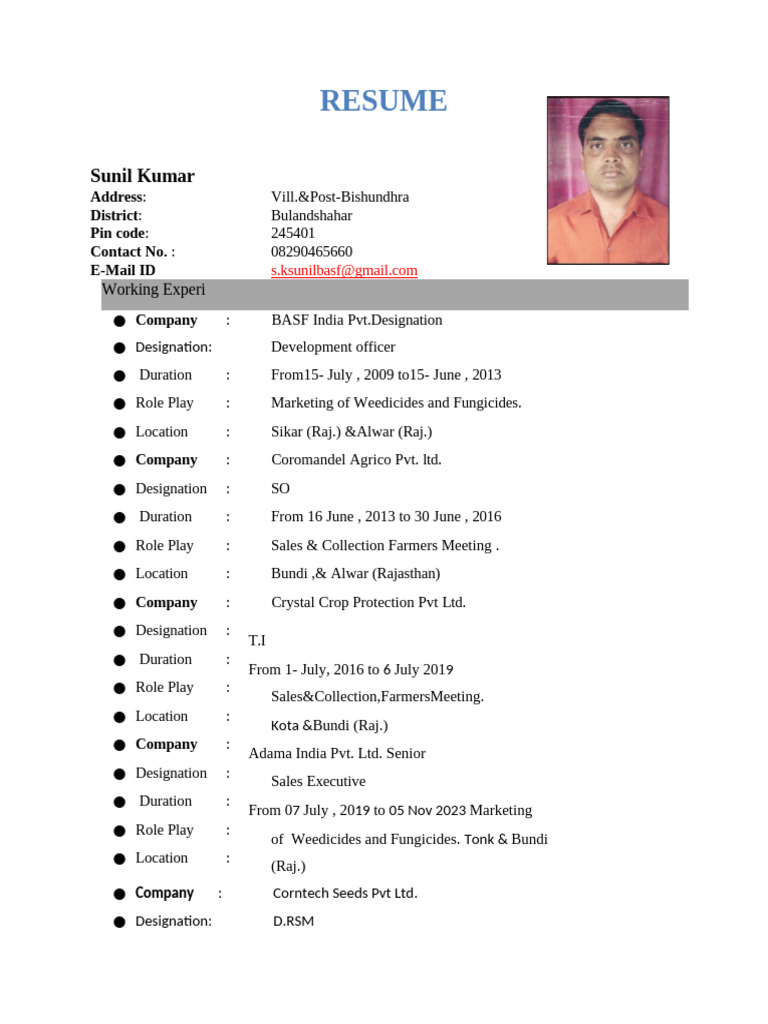 SUNIL RESUME(1) | PDF | Agriculture | Pesticide